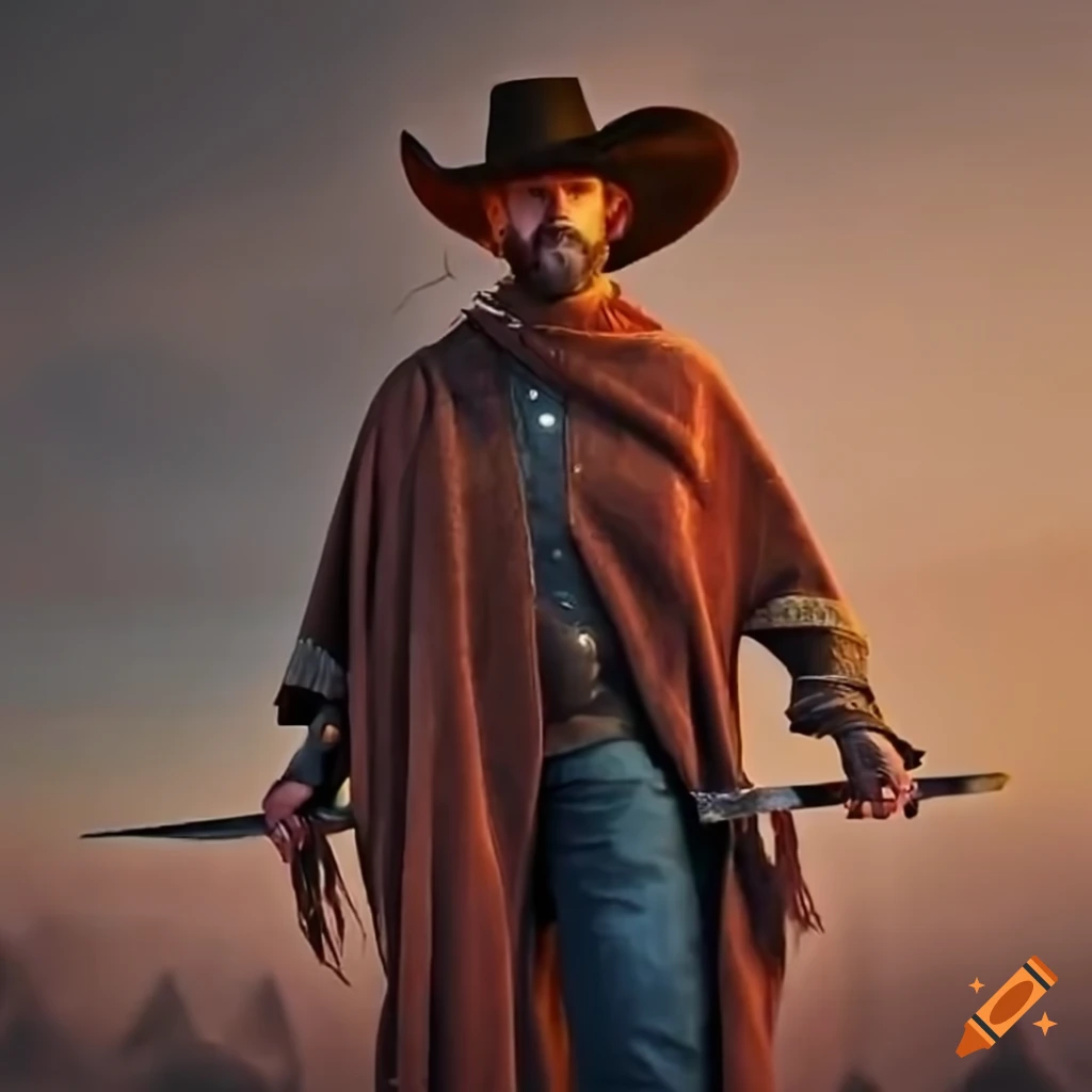 Rugged cowboy in western poncho wielding a katana on Craiyon