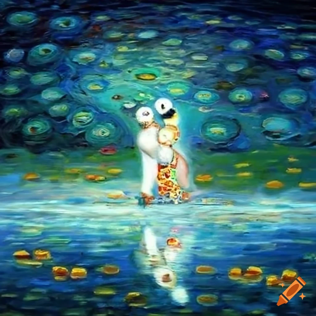 Nocturnal oil painting of two masked people hugging by a lake in ANBU ...
