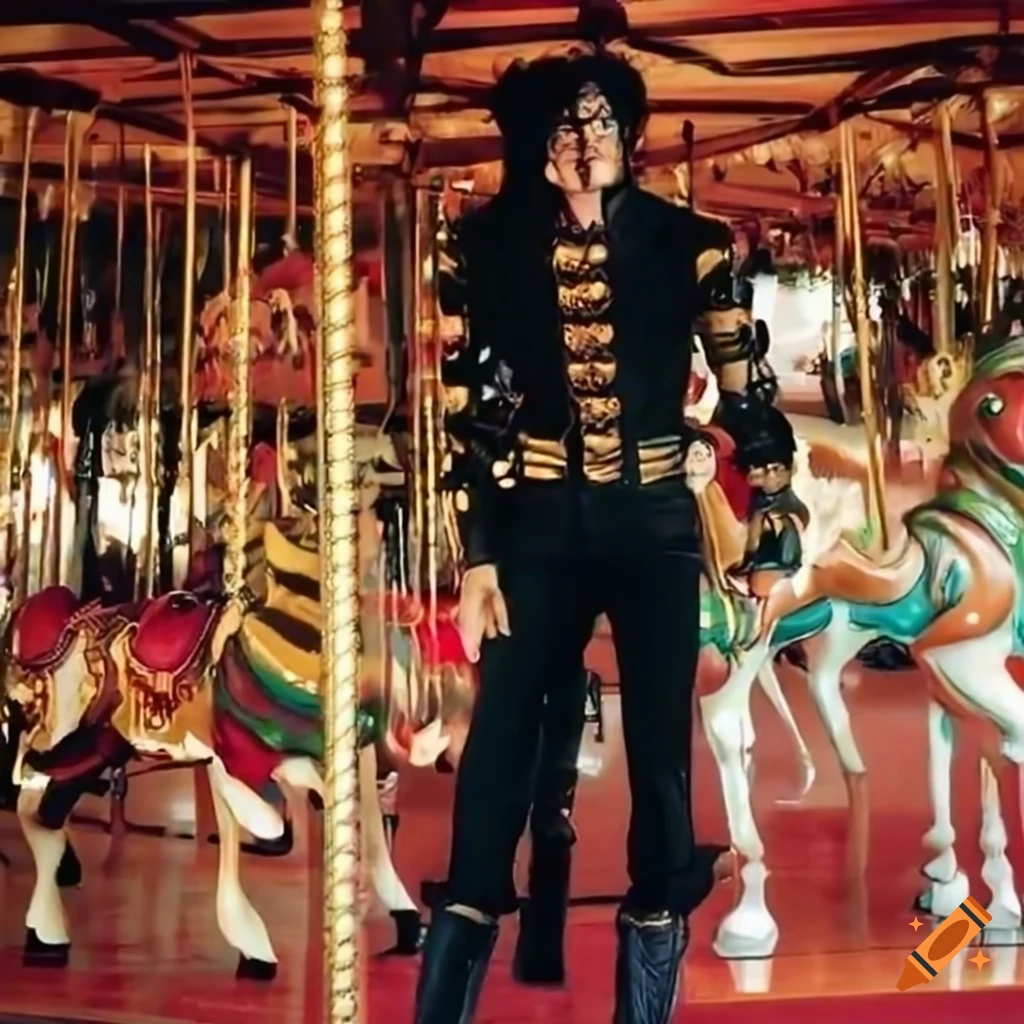 Michael jackson next to a merry go round at neverland ranch on Craiyon