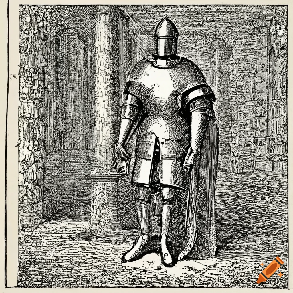 Full body engraving of a noble knight in plate armor and topfhelm in a ...
