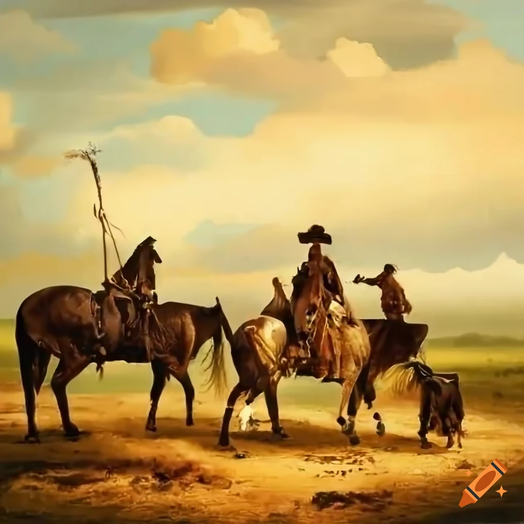 Cowboys playing instruments in a peaceful country ranch landscape on ...