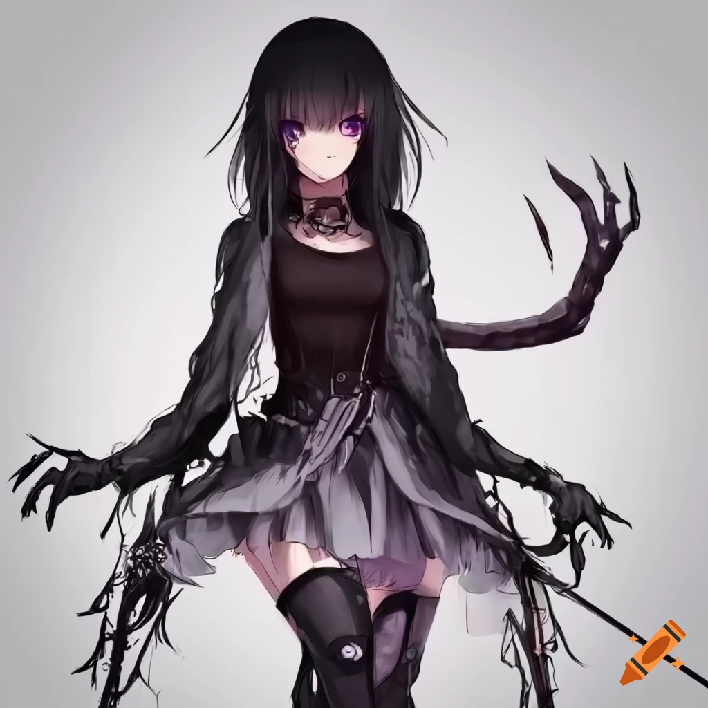 Anime goth girl with white wolf cut hair standing in front of a massive ...