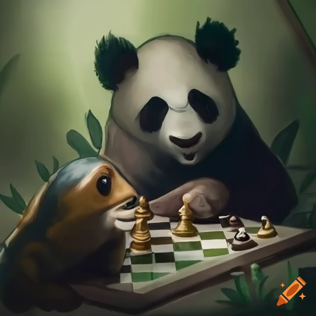 Panda and toad playing chess in an artistic drawing on Craiyon