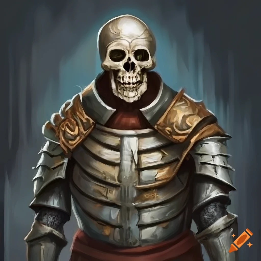 Portrait of a dungeons and dragons skeleton guard with scraps of armor ...