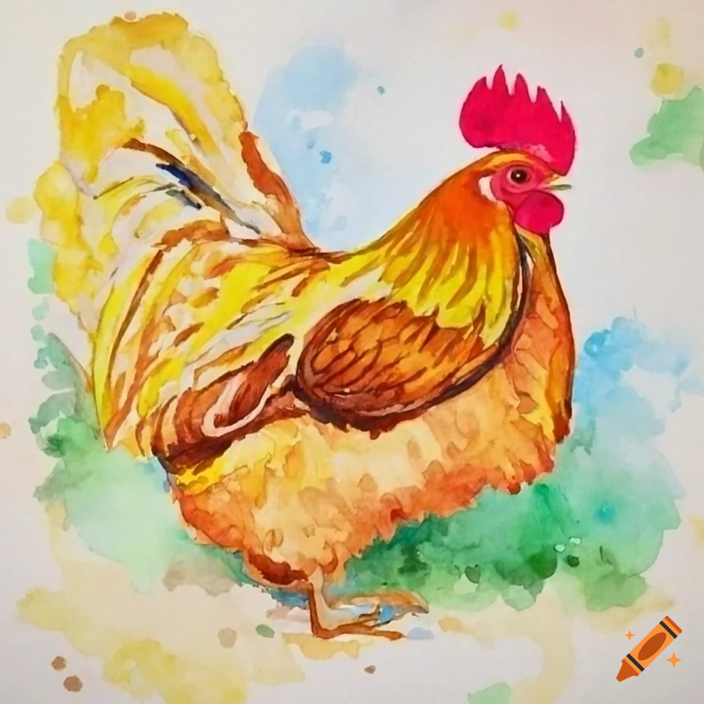 Golden chicken in a watercolor painting on Craiyon