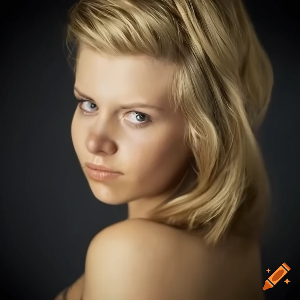 Charming blond woman with tied-up choppy hair and big brown eyes on Craiyon