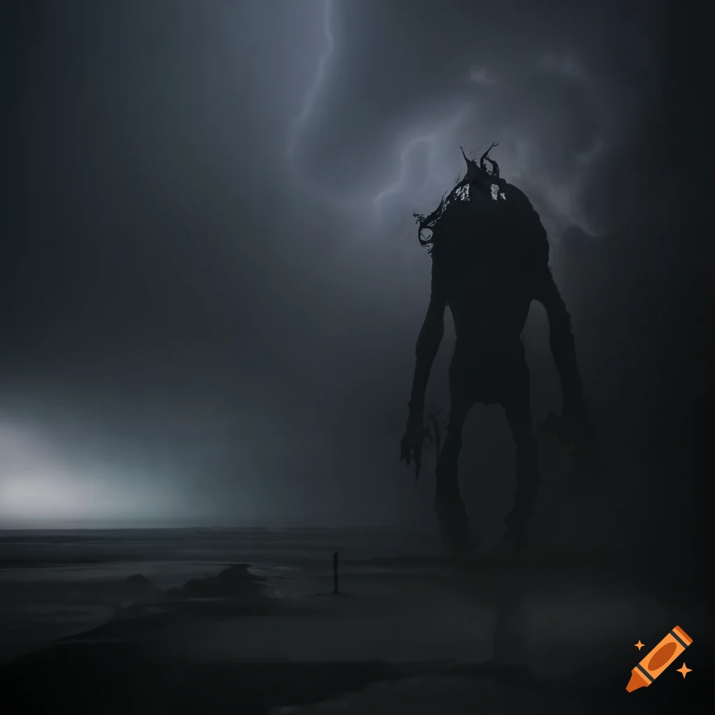 Dramatic thunderstorm with demonic creature and monsters in shadows on ...