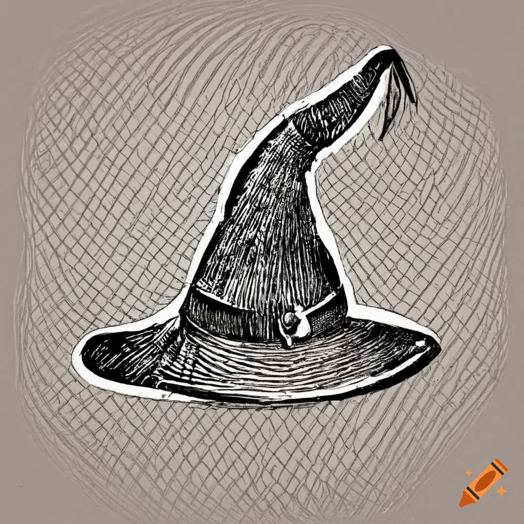 Victorian style pen and ink illustration of a witch hat on Craiyon