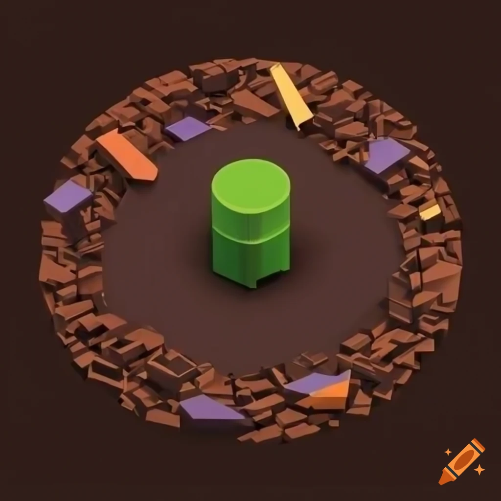 Isometric view of geometrical 3d shapes around a high totem on Craiyon