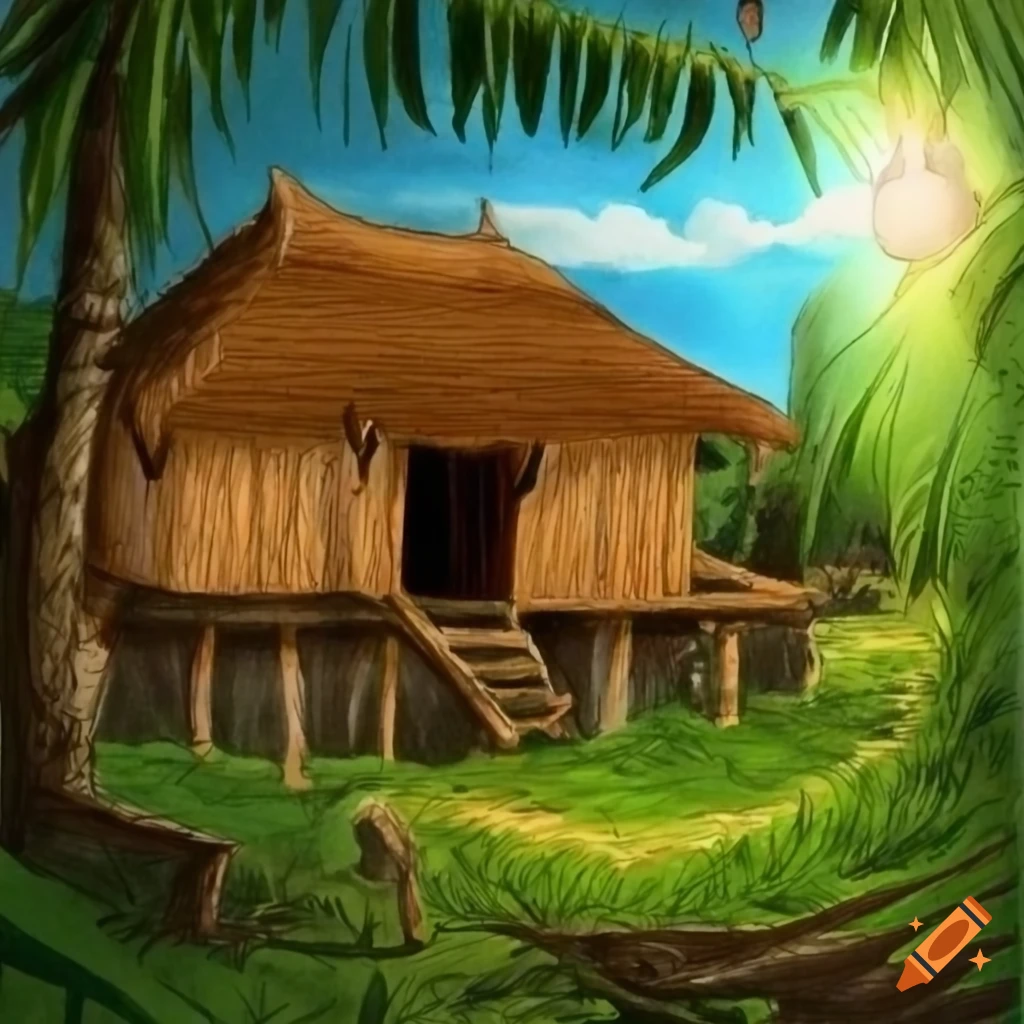 Nipa hut with birds, fence, tree, sun, mountain, and snake drawing on ...