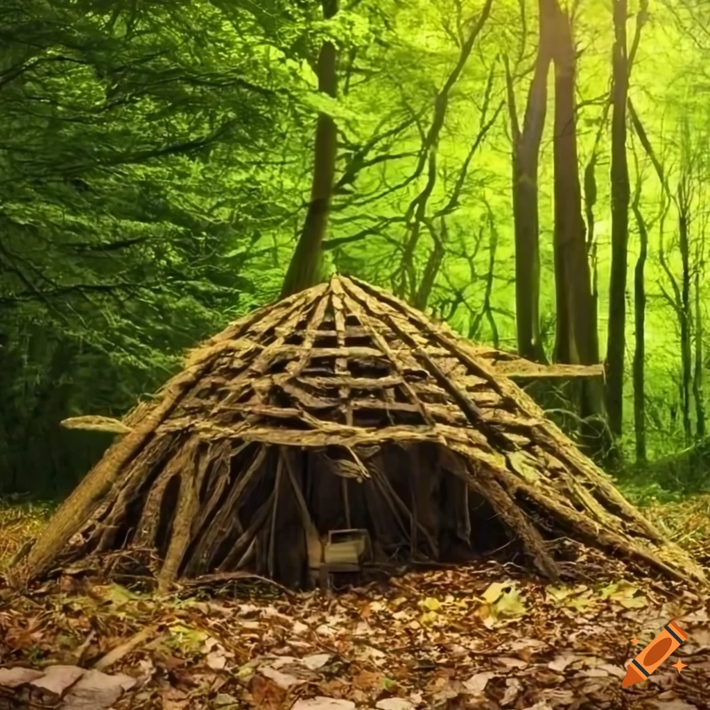Simple shelter made of branches and leaves in a green deciduous forest ...
