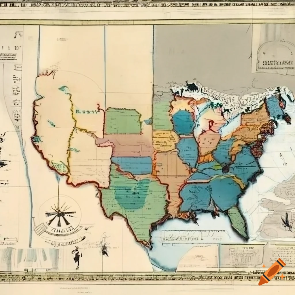 Map of the U.S. during Westward Expansion with a compass rose on Craiyon