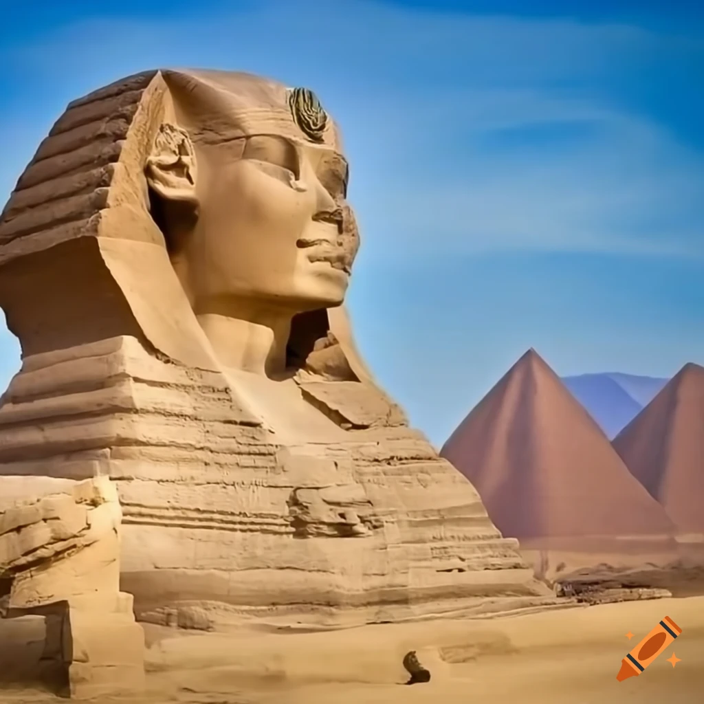 Sphinx statue of pharaoh overlooking rocky desert landscape on Craiyon