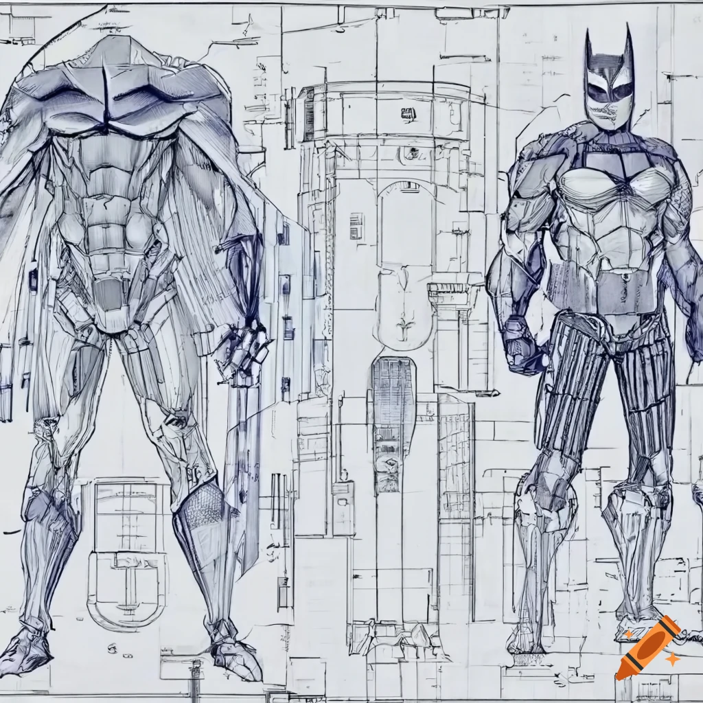 Batman blueprint showing materials and internal structures on Craiyon