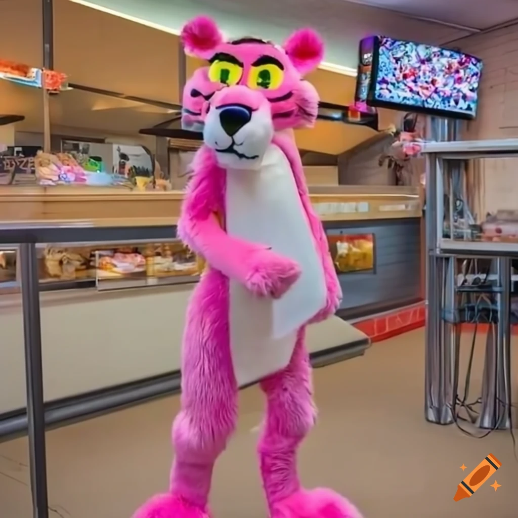 Waitress in pink panther mascot fursuit at fast food place on Craiyon