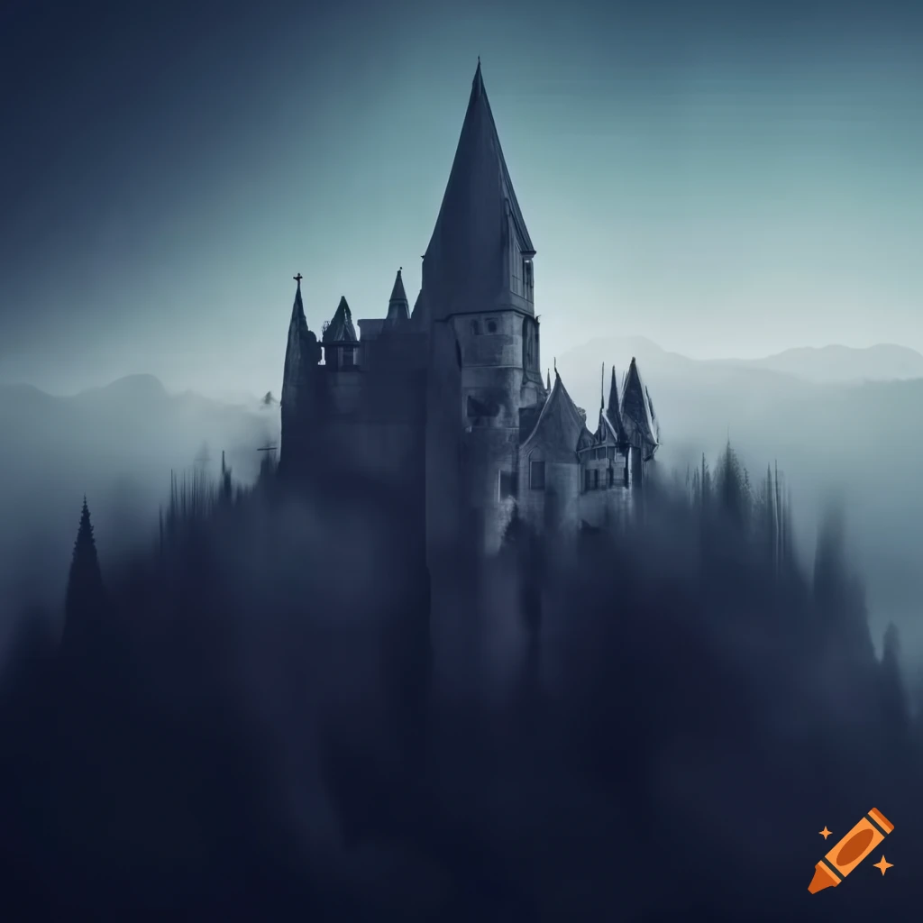 Ethereal gothic castle overlooking a serene yet dramatic landscape on ...