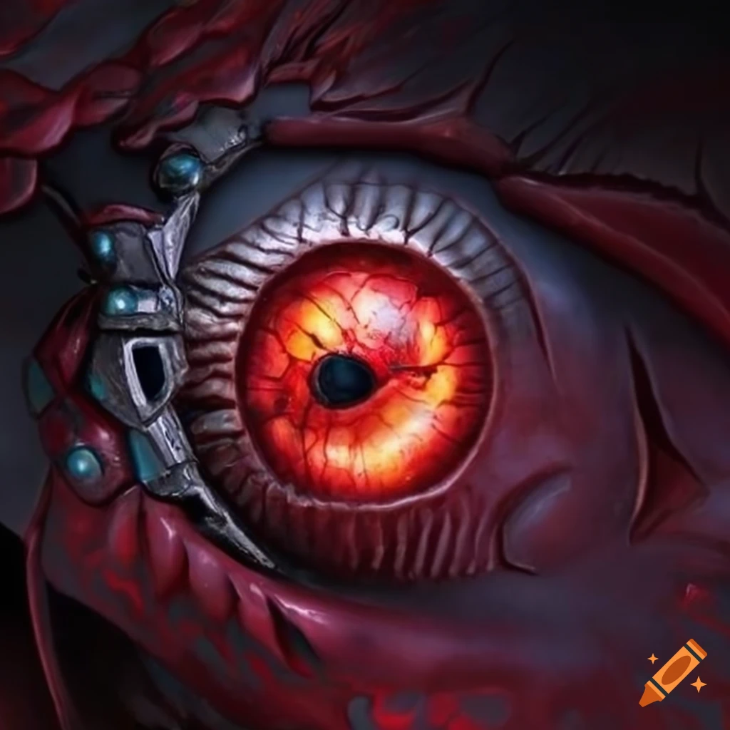 Mechanical red dragon's eye with silver and grey crystallized ...