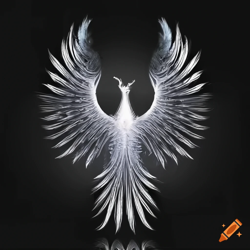 Symmetrical white phoenix on black background on Craiyon