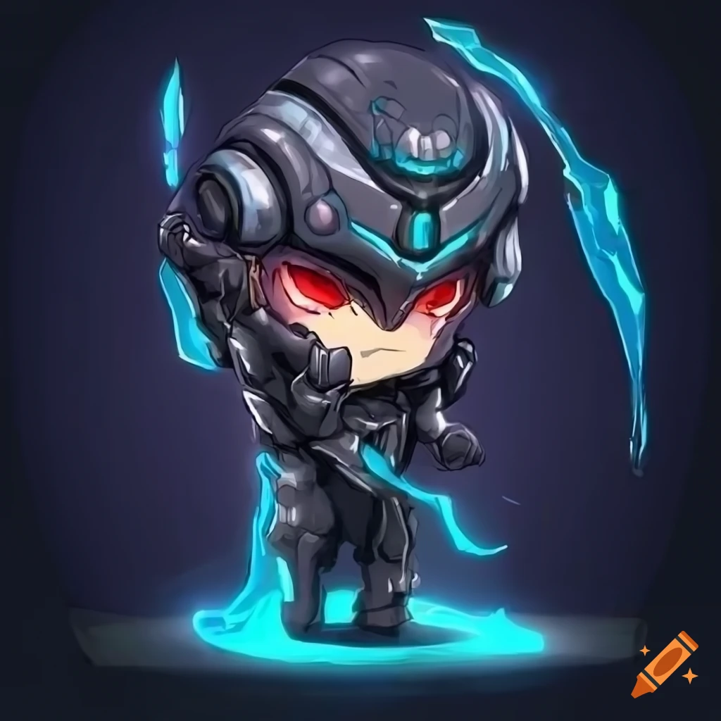 Chibi sci-fi anime style hero in full armor with neo-plasma blades on ...
