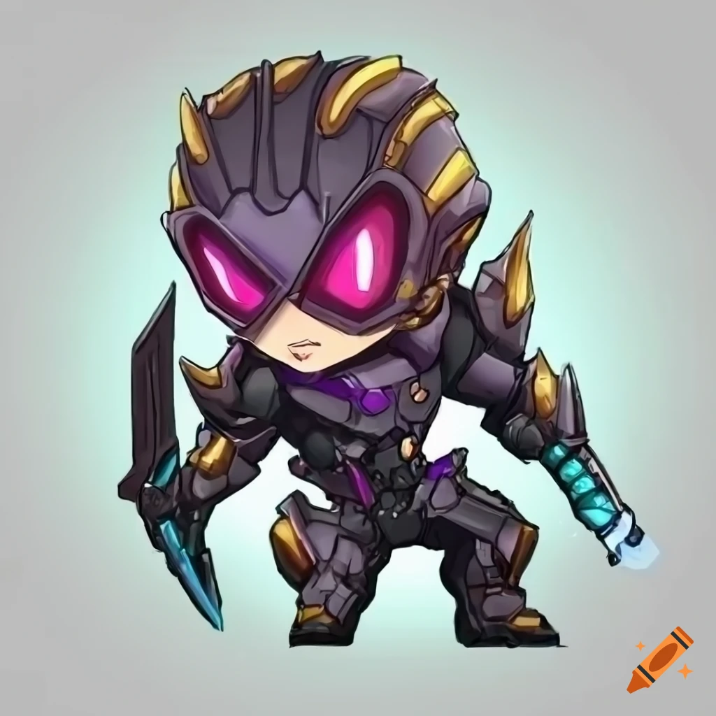 Chibi sci-fi anime style hero in full armor with neo-plasma blades on ...