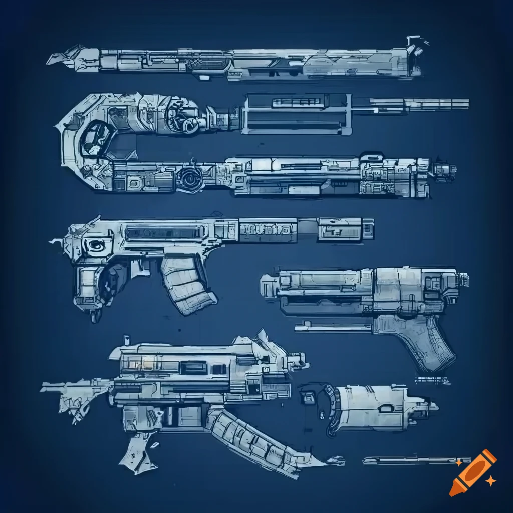 Detailed blueprint of a sci-fi weapons system by gears of war engineers on Craiyon