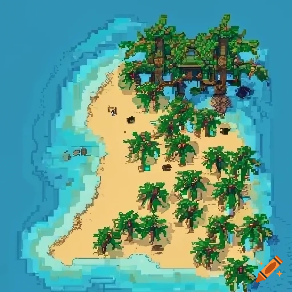 Colorful sandy beach with palm trees and clear blue water in 2D pixel ...