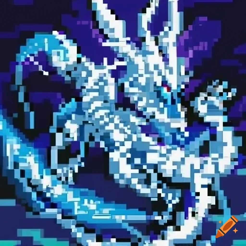 Pixel art of the epic yu-gi-oh blue-eyes white dragoon on Craiyon