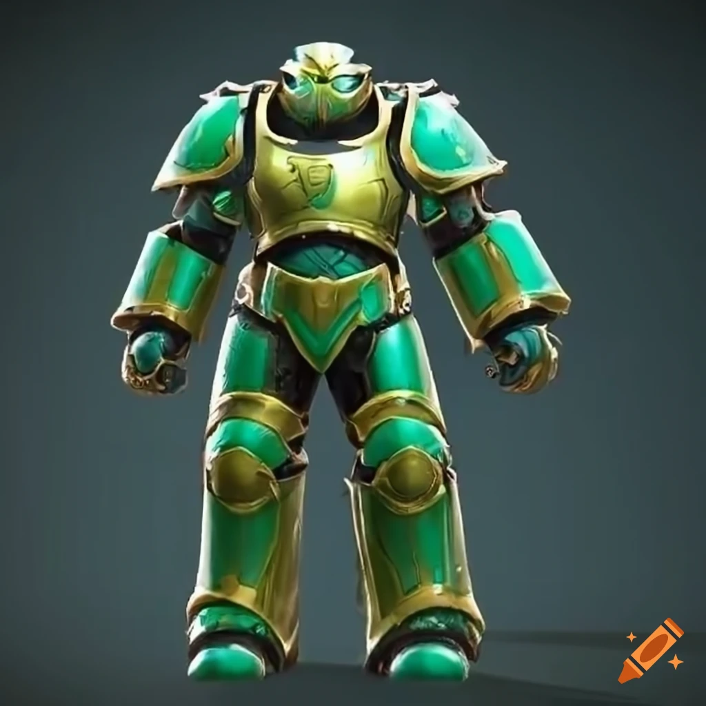 Full body shot of high quality emerald power armor on Craiyon