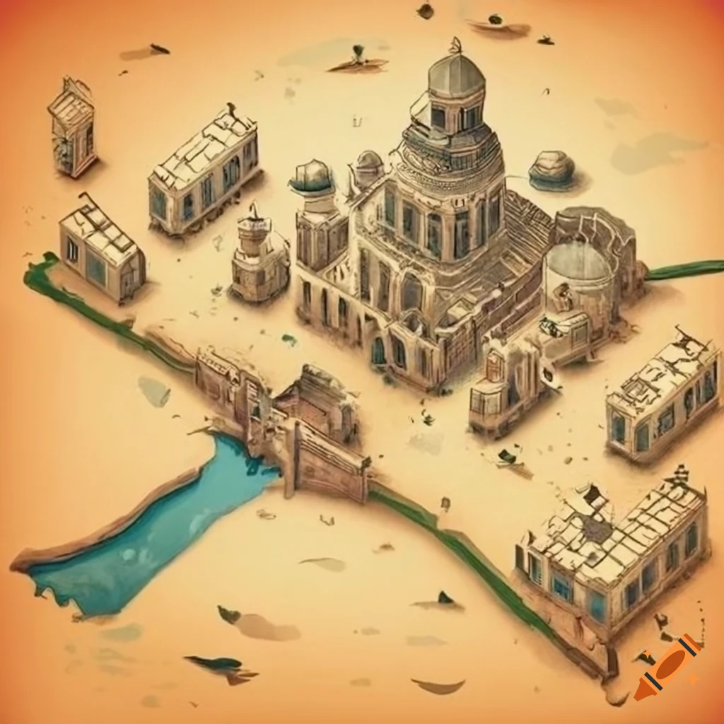 Old city map in the desert with a river and a big gate on Craiyon