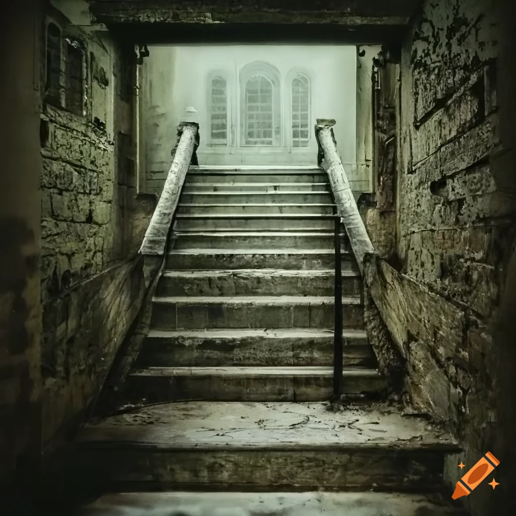 Abandoned foggy stairwell with black iron railings and exposed olive ...