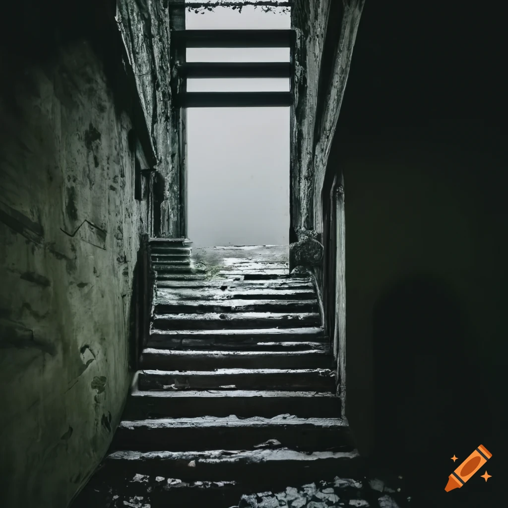 Abandoned foggy stairwell with black iron railings and olive green ...