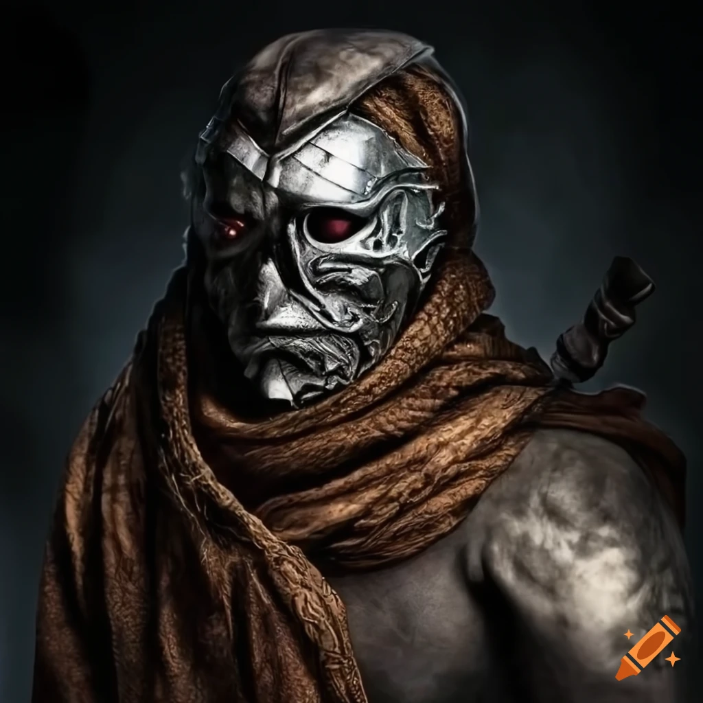 Masked masculine warrior with silver mask and dark beard in battle on Craiyon