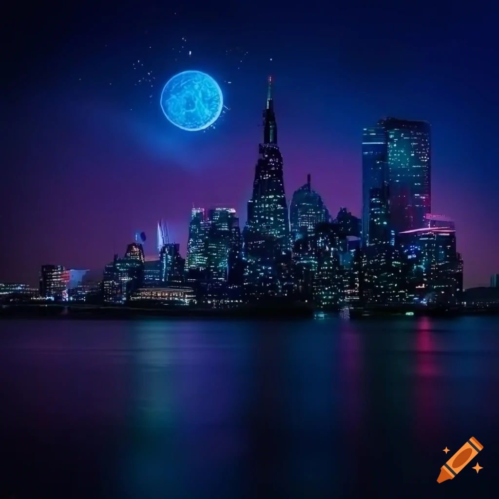 Neon-lit cityscape with celestial goddess and dark fantasy BioPunk ...