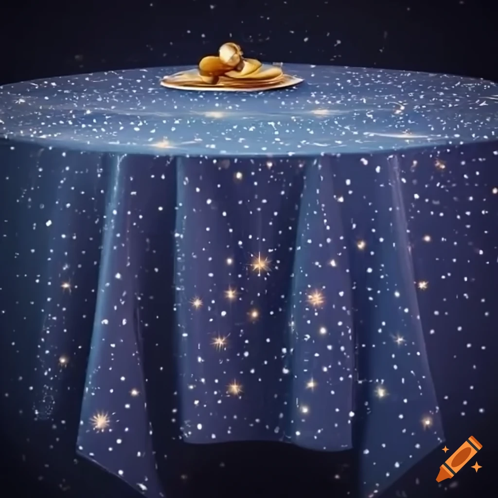 Frontal view of a table with celestial patterned tablecloth on Craiyon