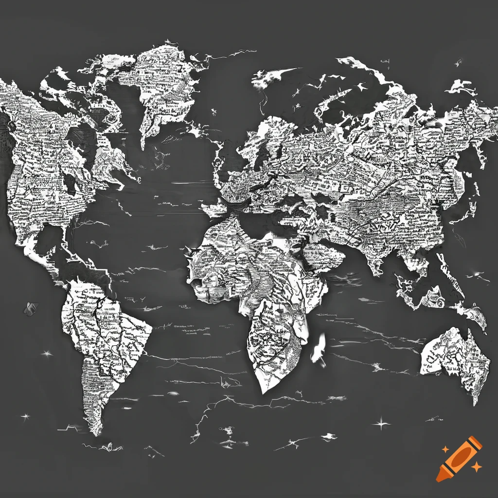 Fantasy style world map without country names in black and white on Craiyon