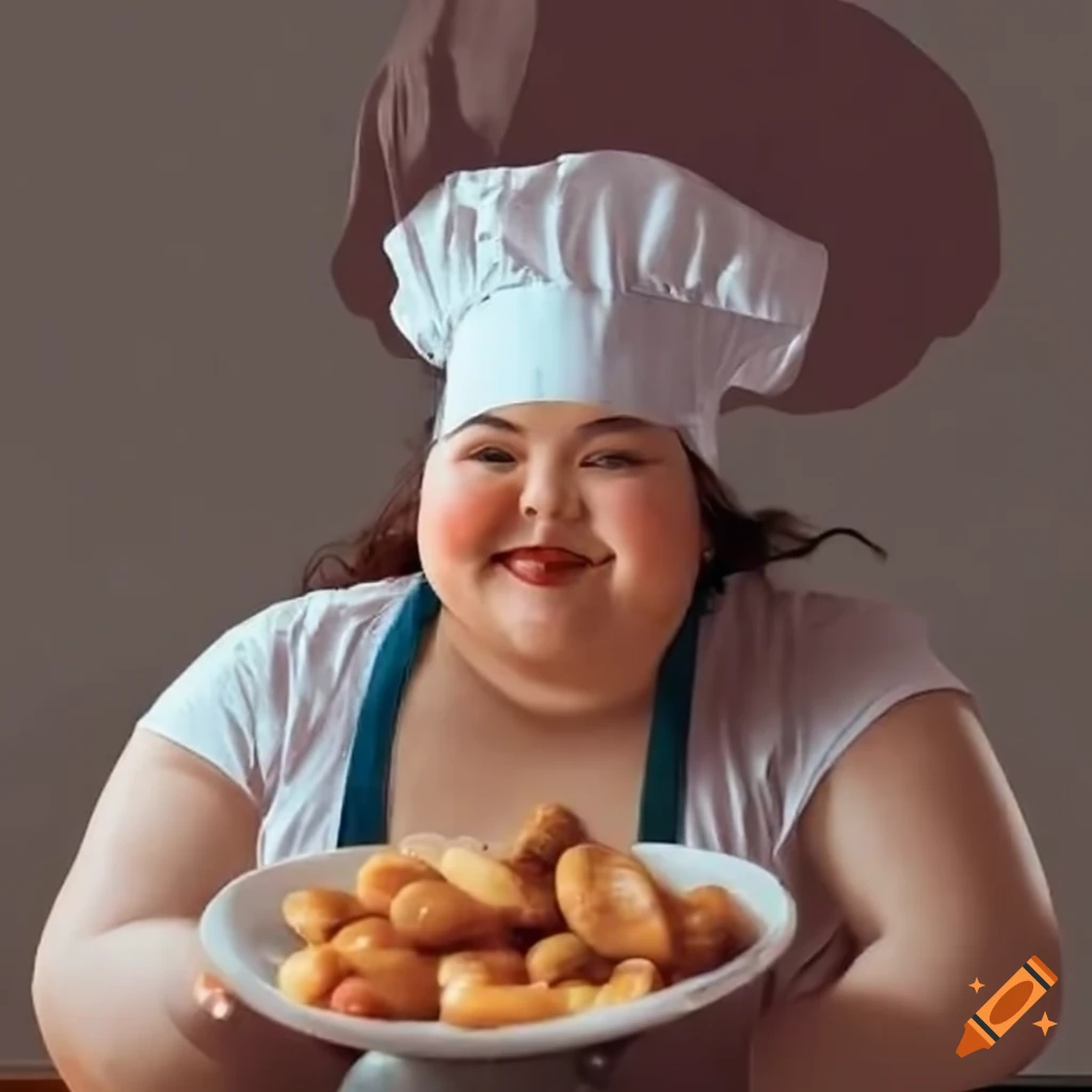 Chubby lady chef using bell's kitchen sign name in a kitchen on Craiyon