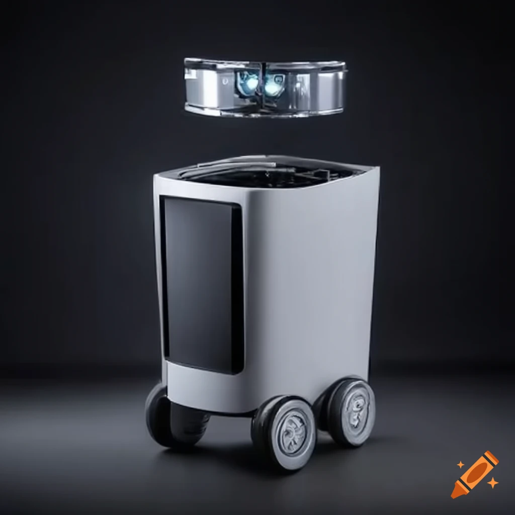 Sleek trashcan robot with wheels on Craiyon