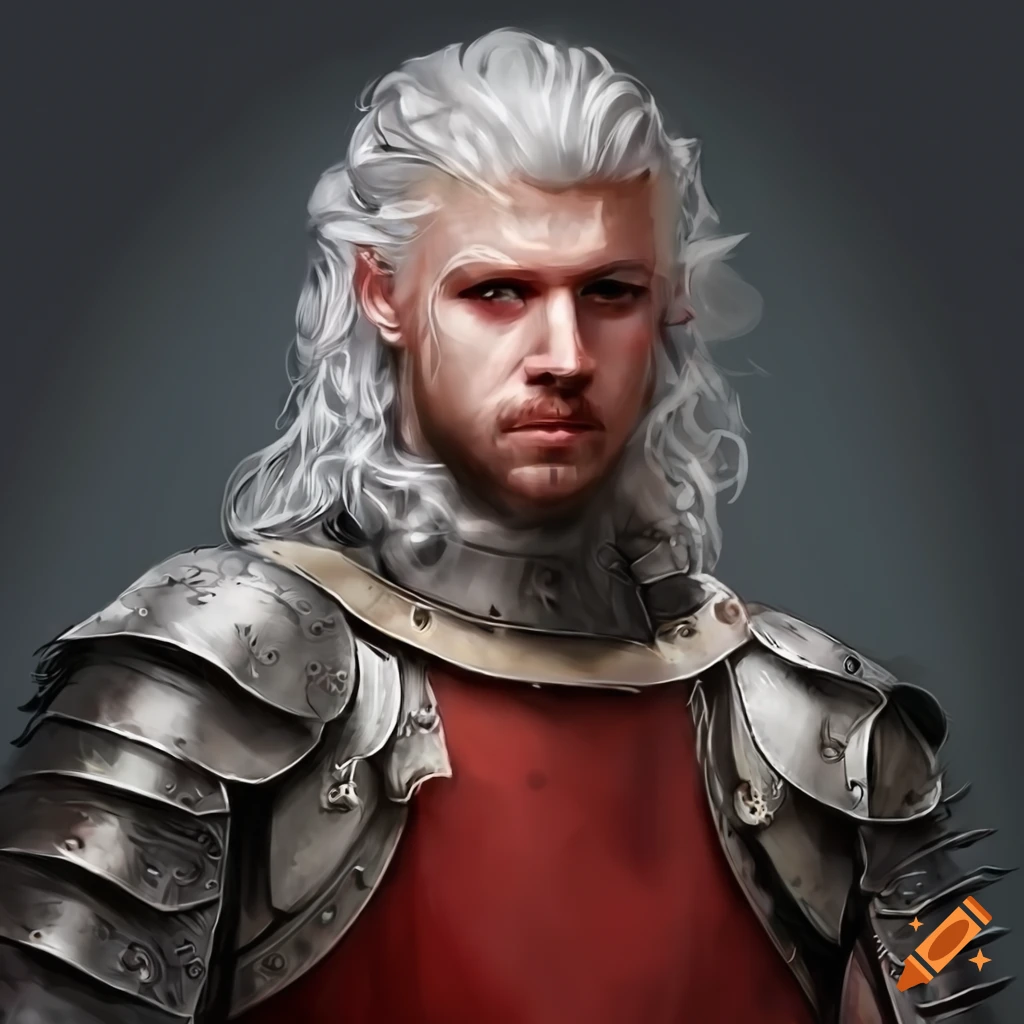 Medieval king in red armor with silver hair on Craiyon