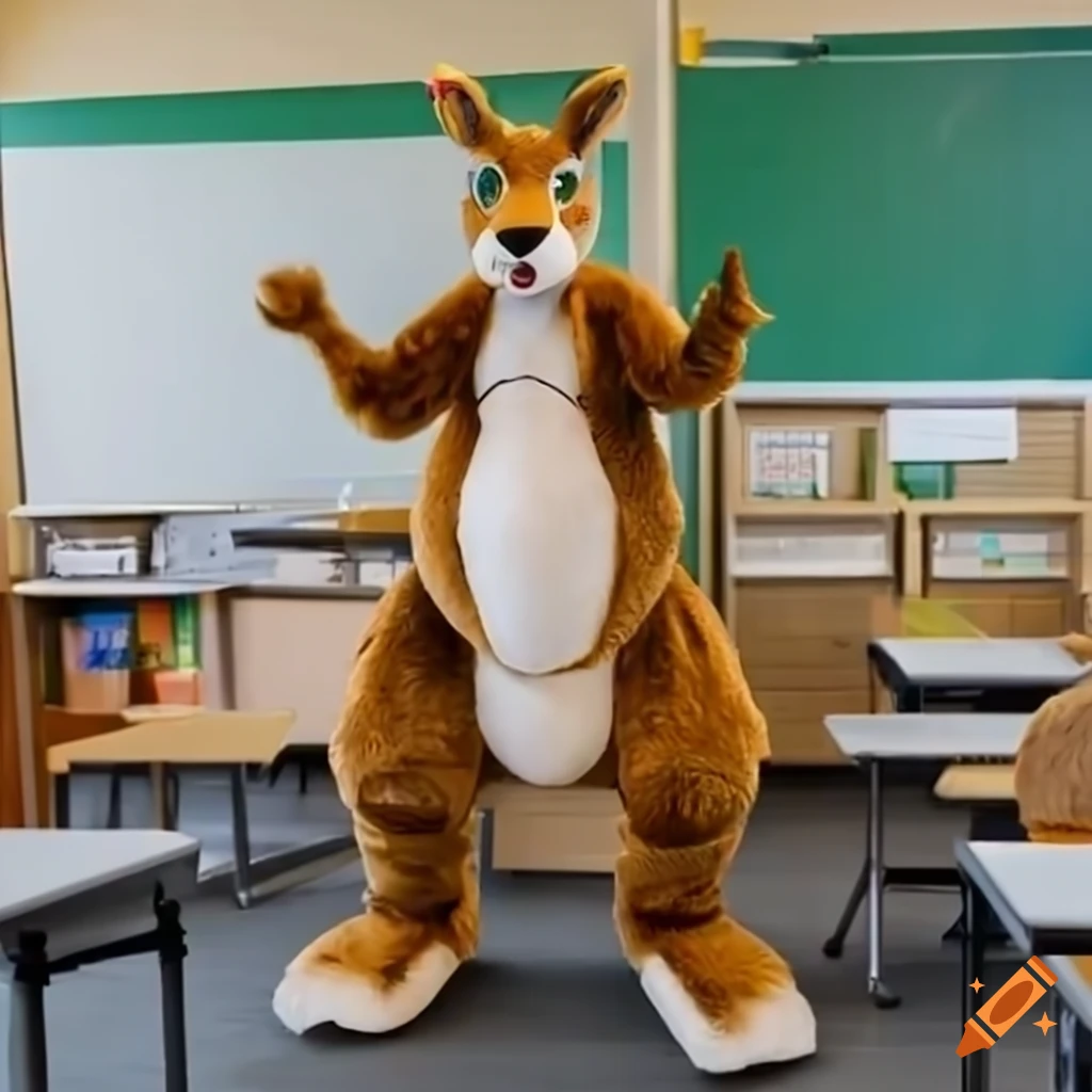 Tall male teacher in a kangaroo mascot costume at school classroom on ...