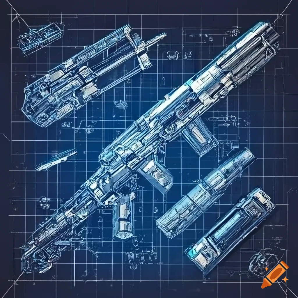 Detailed sci-fi weapon blueprint from Gears of War engineers on Craiyon