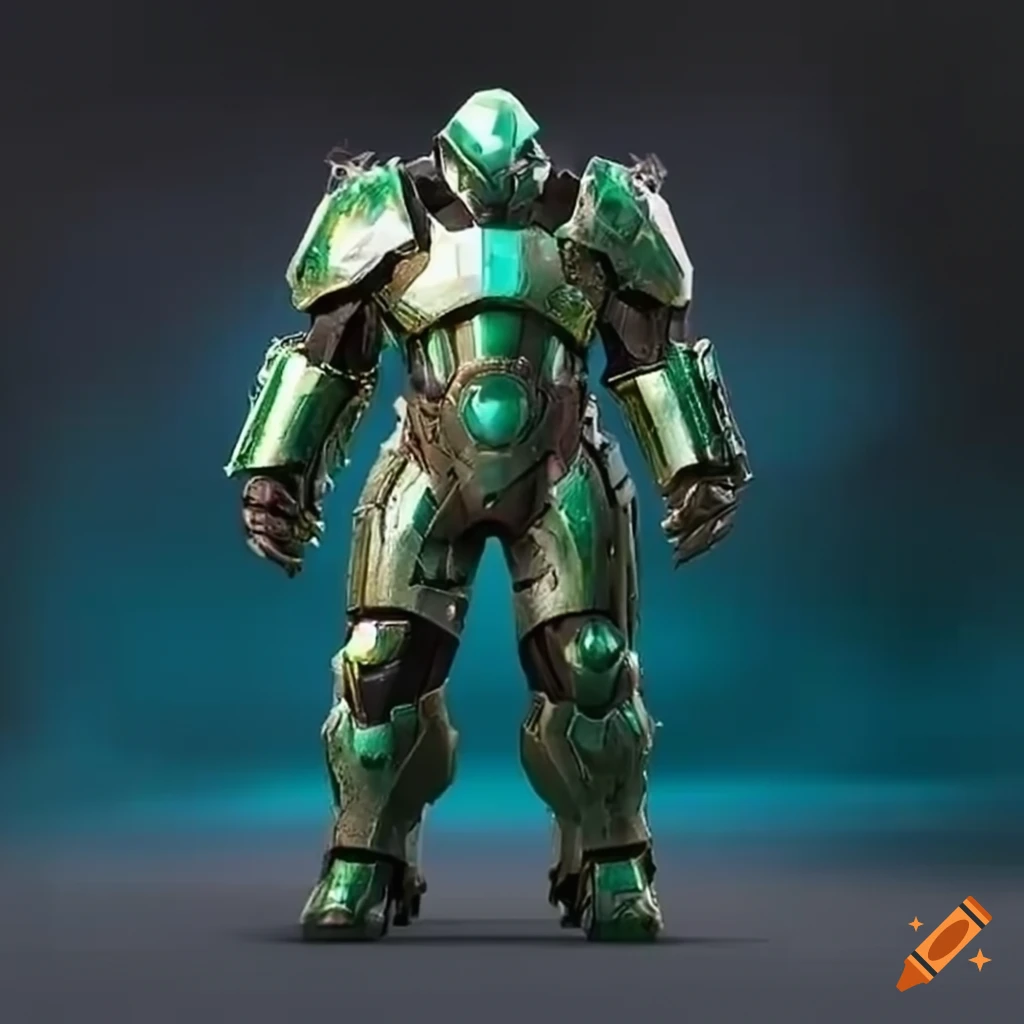 Intense and powerful emerald crystal full-body power armor on Craiyon