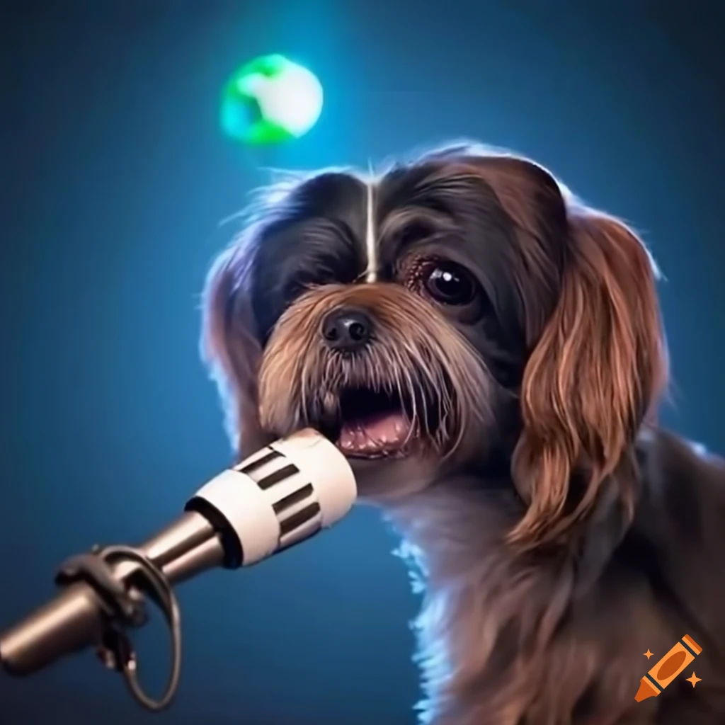 Small dog singing with a microphone and disco lights on Craiyon