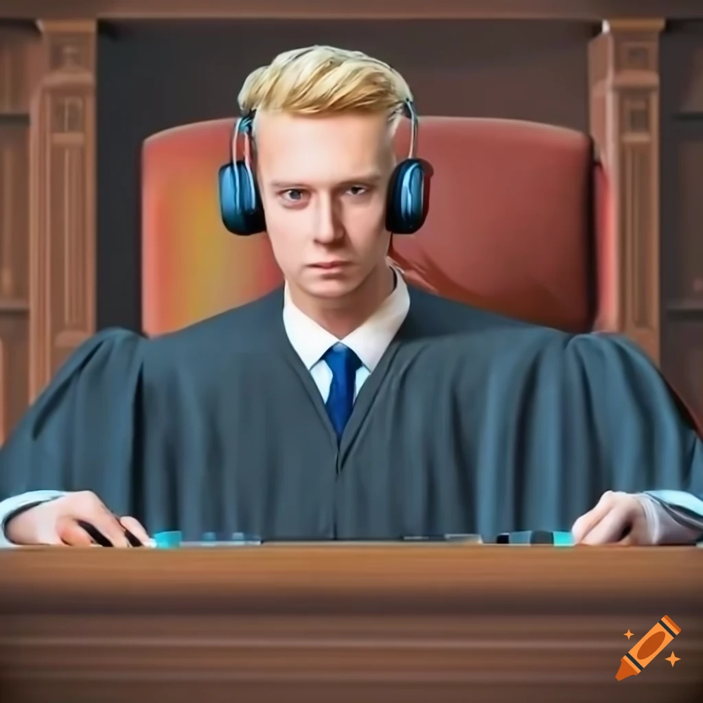 Male judge in court dress with headphones looking at computer screen on ...