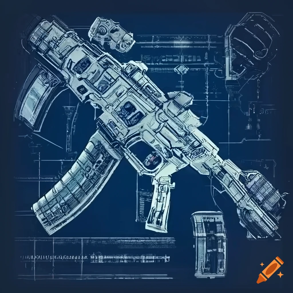 Detailed engineering drawing of sci-fi gears of war weapons and ...