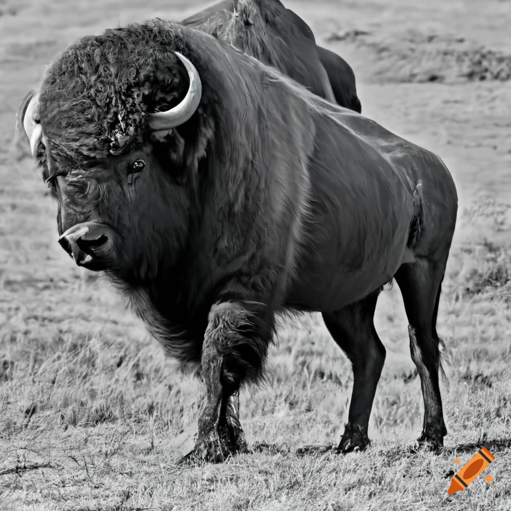 Raging American buffalo in dynamic action, black and white on Craiyon