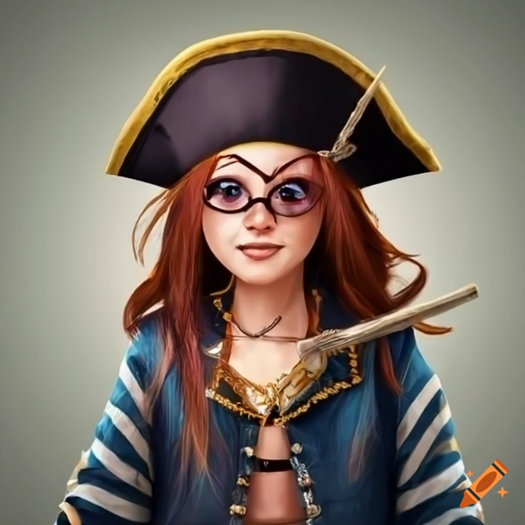 Smiling young female pirate with brown hair and glasses on Craiyon