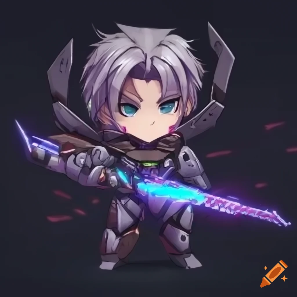 Chibi sci-fi anime style hero in armor with neo-plasma blades on Craiyon