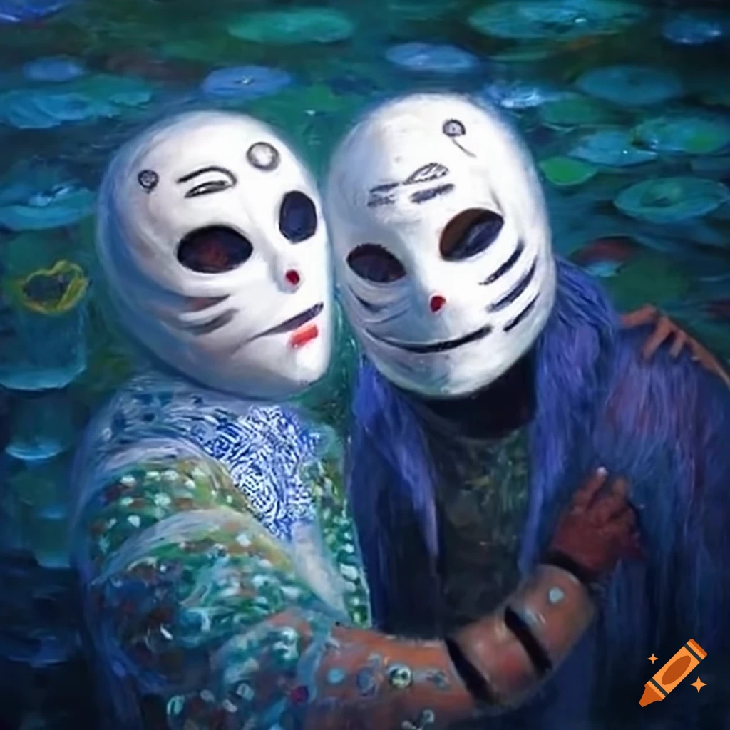 Impressionistic oil painting of two masked people hugging by the lake ...