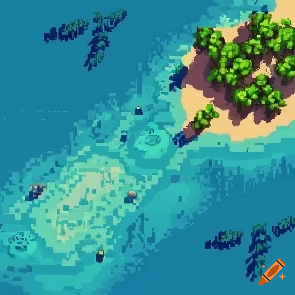 Colorful sandy beach with palm trees and clear blue water in 2D pixel ...