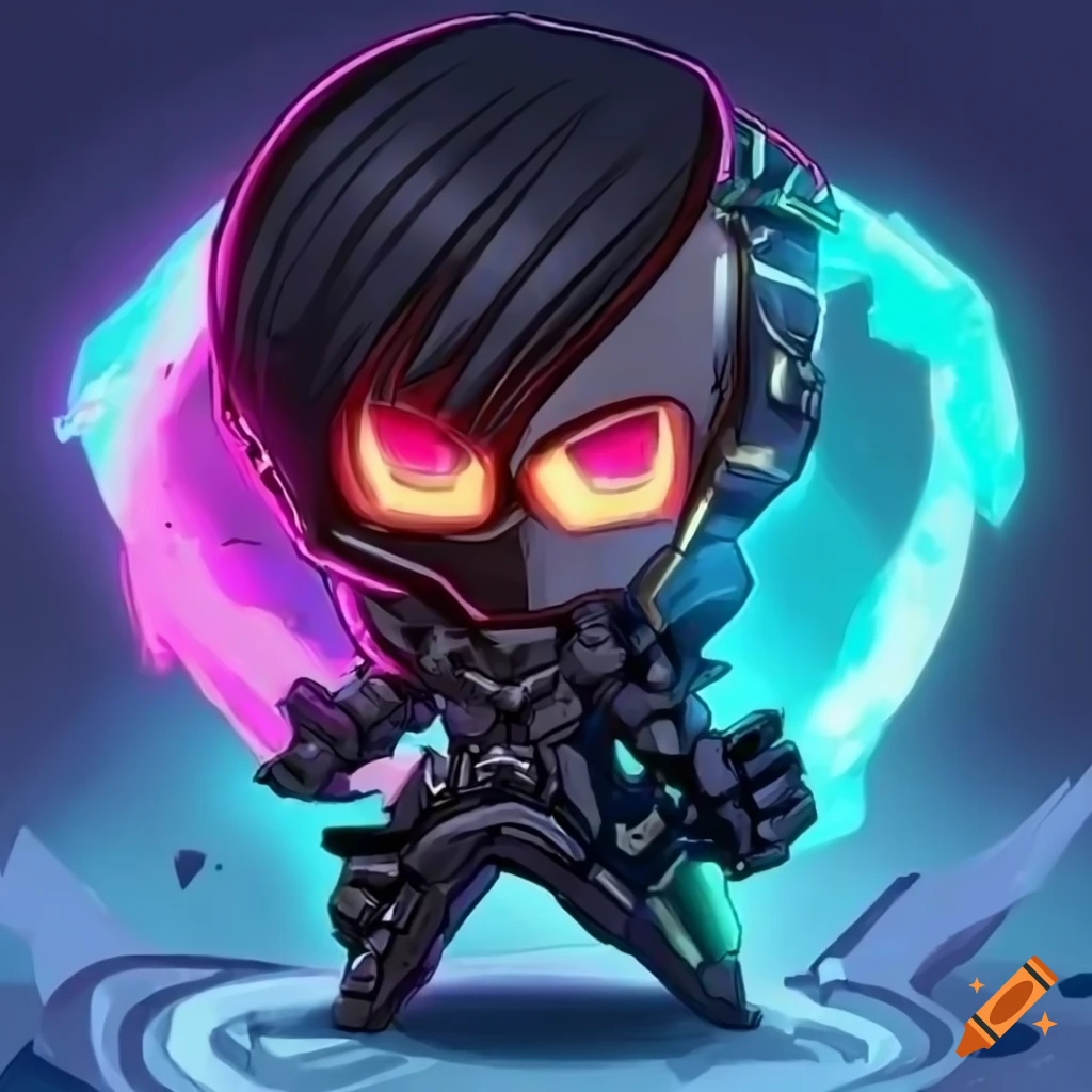 Chibi sci-fi anime style hero in full armor with neo-plasma blades on ...